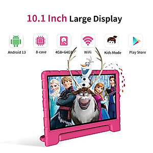 VNEIMQN Kids Tablet, 10 Inch Tablet for Kids, 4GB+64GB Android 13, 8-Core CPU, WiFi, 12H Battery, Parental Control, 1280 * 800 HD Display, Cameras, Pink