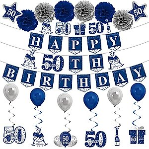 Kauayurk Blue Silver 50th Birthday Banner Decorations Kit for Men, 26pcs Fifty Birthday Banner Balloon Hanging Swirl Poms Party Supplies, 50 Years Old Birthday Sign Decor