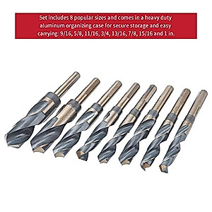 8pc 1/2” Shank Silver and Deming Drill Bit Set in Aluminum Carry Case, High Speed Steel (HSS) | SAE Size 9/16” - 1” by 1/16th Increment