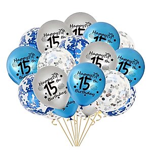 15th Birthday Balloons, Pack of 20 Blue Silver Happy 15th Birthday Latex Confetti Balloon Ribbons for Boys Him Son 15th Birthday Anniversary Party 15 Years Old Birthday (15th)