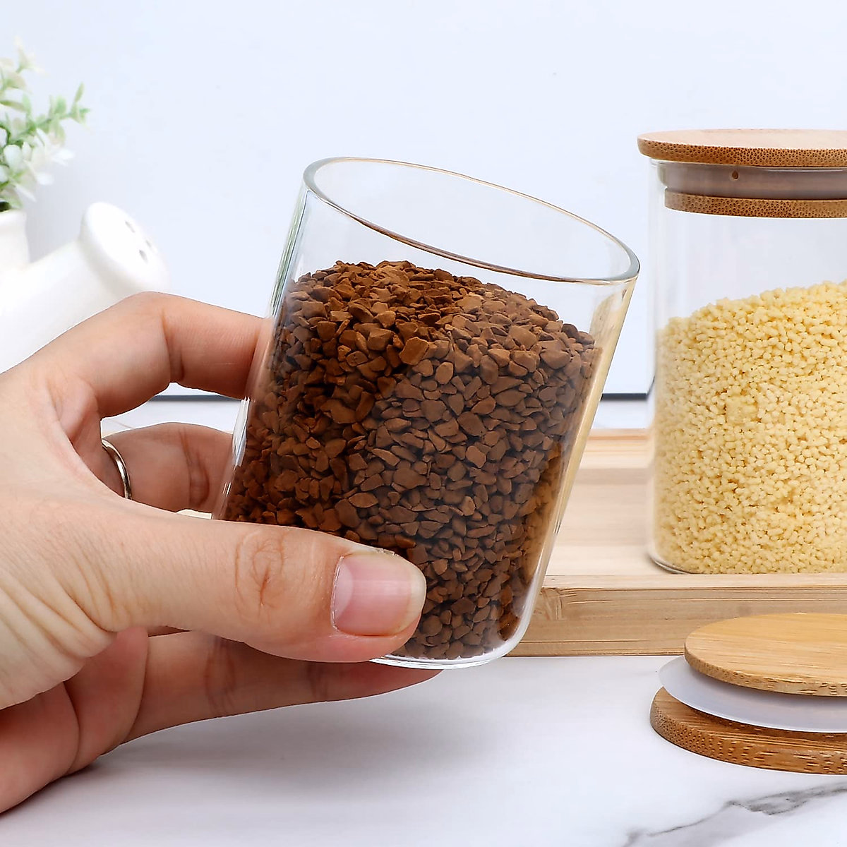 Encheng 4 OZ Glass Spice Jars with Lids Set of 30,Clear Glass Seasoning Container with Labels,100ML Mini Glass Jars with Bamboo Lids for Dry Food,Spice,Herb,Sugar,Salt.