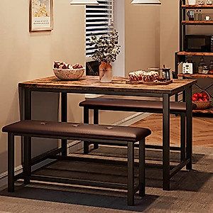 Alkmaar Kitchen Table Set with 2 Upholstered Benches for 4, Dining Room Metal and Wood Rectangular Table Set for Small Space, Apartment, Retro Brown