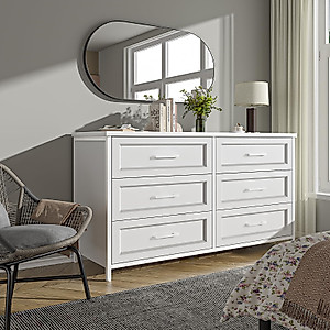 TVU 6 Drawer Double Dresser for Bedroom, Wood Storage Dresser Clothes Organizer with Sturdy Steel Frame (White)