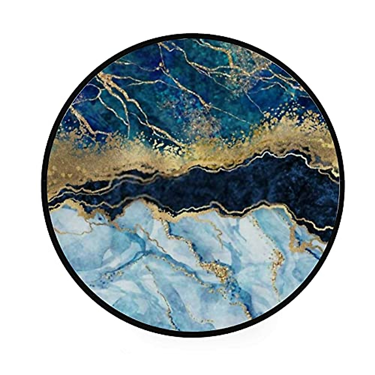 Blue Marble Gold Foil Glitter Illustration Round Area Rug Circle Floor Mat Polyester Carpet Ultra Soft Comfort Nonslip Machine Washable for Indoor Living Room Bedroom Home Decor
