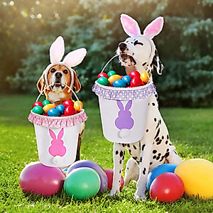 Easter Bunny Basket Eggs Bags 2 Pack with Fluffy Tail Pink Purple Canvas Cotton Rabbit Personalized Handbag Toys Bucket Tote Bag Storage Gifts Candies for Kids Girls with Handles (Pink + Purple)