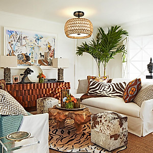 FRIDEKO HOME 3-Light Semi Flush Mount Ceiling Light - Woven Rattan Light Fixtures Ceiling Mount Boho Light Fixture with Fabric Shade Ceiling Light Fixture for Bedroom Kitchen Hallway Dining Room