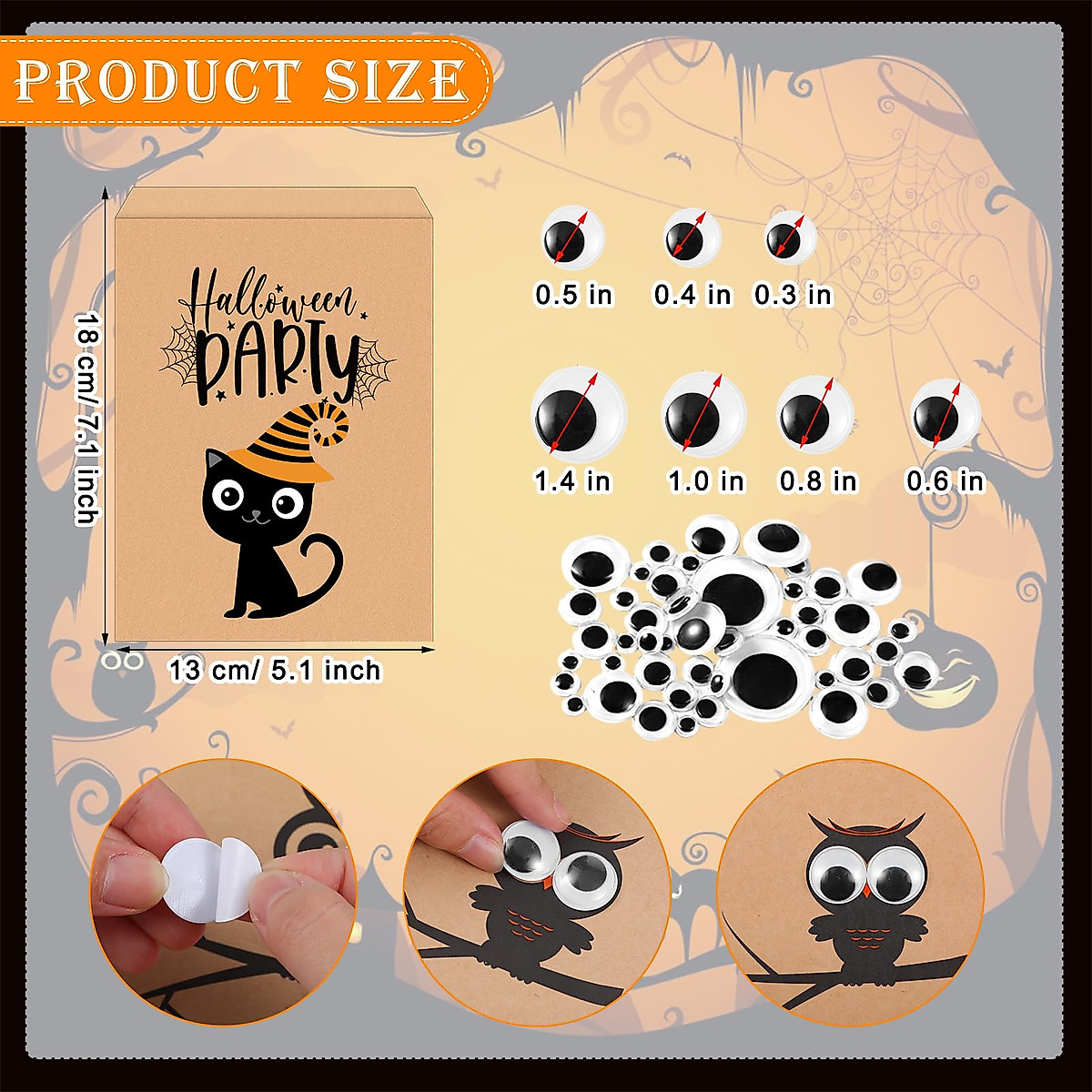 Qilery 100 Pcs Halloween Kraft Paper Treat Bags for Candy Halloween Goodie Bags with 200 Googly Eyes Trick or Treat Bulk Gift Bags for Kids Snack Popcorn Sandwich Cookie Bread Food Party Supplies