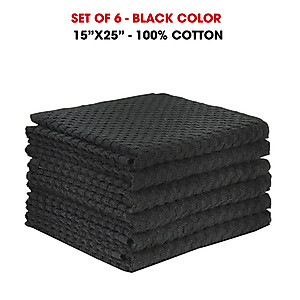 TALVANIA Kitchen Towels 100% Cotton Dobby Weave Terry Towel Set, 15" X 25", 6 Pack Soft and Absorbent Multipurpose Dish Cloth, Hand Towel and All Kitchen Cleaning Machine Washable (Black)
