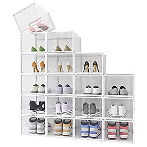 WAYTRIM Clear Plastic Shoe Storage Boxes, Foldable 18 Pack Stackable Shoe Organizer for Closet, Drop Front Door Sturdy Sneaker Containers for Women’s Size 14 - Large