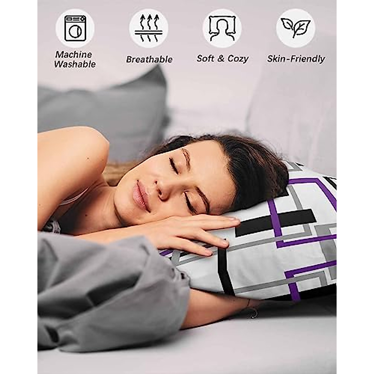 Edwiinsa Purple Grey Black Pillow Covers Standard Size Set of 2 20x26 Bed Pillow, Modern Geometry Abstract Art Aesthetics Plush Soft Comfort for Hair/Skin Cooling Pillowcases with Envelop Closure