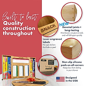 HinterHill Expandable Ziplock Bag Organizer and Kitchen Drawer Organizer, 6-in-1 Plastic Bag Organizer and Foil and Plastic Wrap Organizer with Slide Cutters, Ziplock Organizer with Two Wrap Cutters