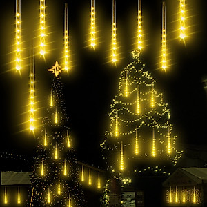 ULERSP Christmas Meteor Shower Rain Lights Extendable, 30cm 8 Tube 192 LEDs Falling Rain Drop Lights, Waterproof Icicle Lights for Outdoor Garden House Window Xmas Tree Decoration (Warm White)