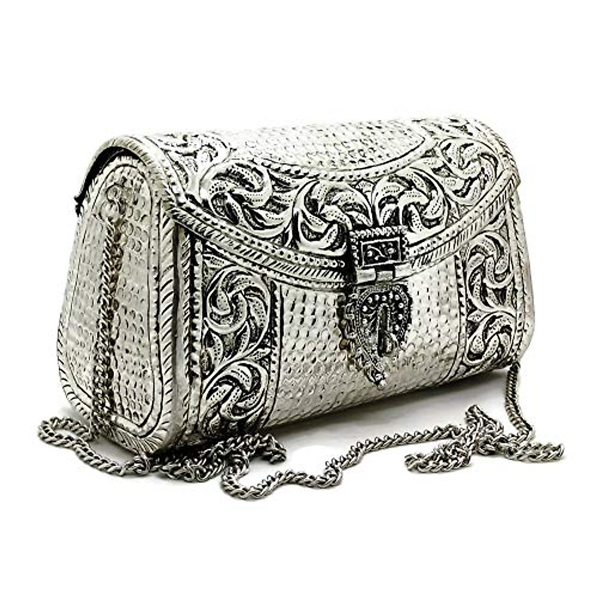 Trend Overseas women gift bridal bag Brass Metal Clutch Sling Bag Indian Ethnic Antique clutch (Silver)