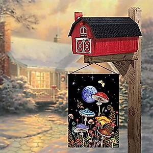 Mushroom Stars And Moon Garden Flag 12 X 18 Inches Double Sided ,Animal Butterfly Yard Flags,Durable Burlap Flag Holiday Farmhouse Patio Yard Outdoor Party Decor Gift