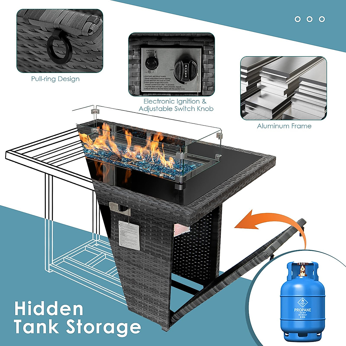 RADIATA PE Wicker Patio Furniture Set Sectional High Back Large Size Sofa Sets with Propane Fire Pit Table 55000 BTU Balcony Rattan Lounge Conversation Sets for Outdoor (17 Pieces,Light Gray)