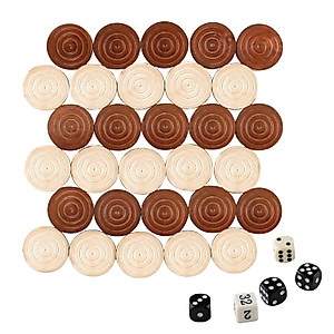 Amerous Thread Wooden Checkers Pieces Nature Wood Backgammon Pieces with Drawstring Bag, 5 Dices Included