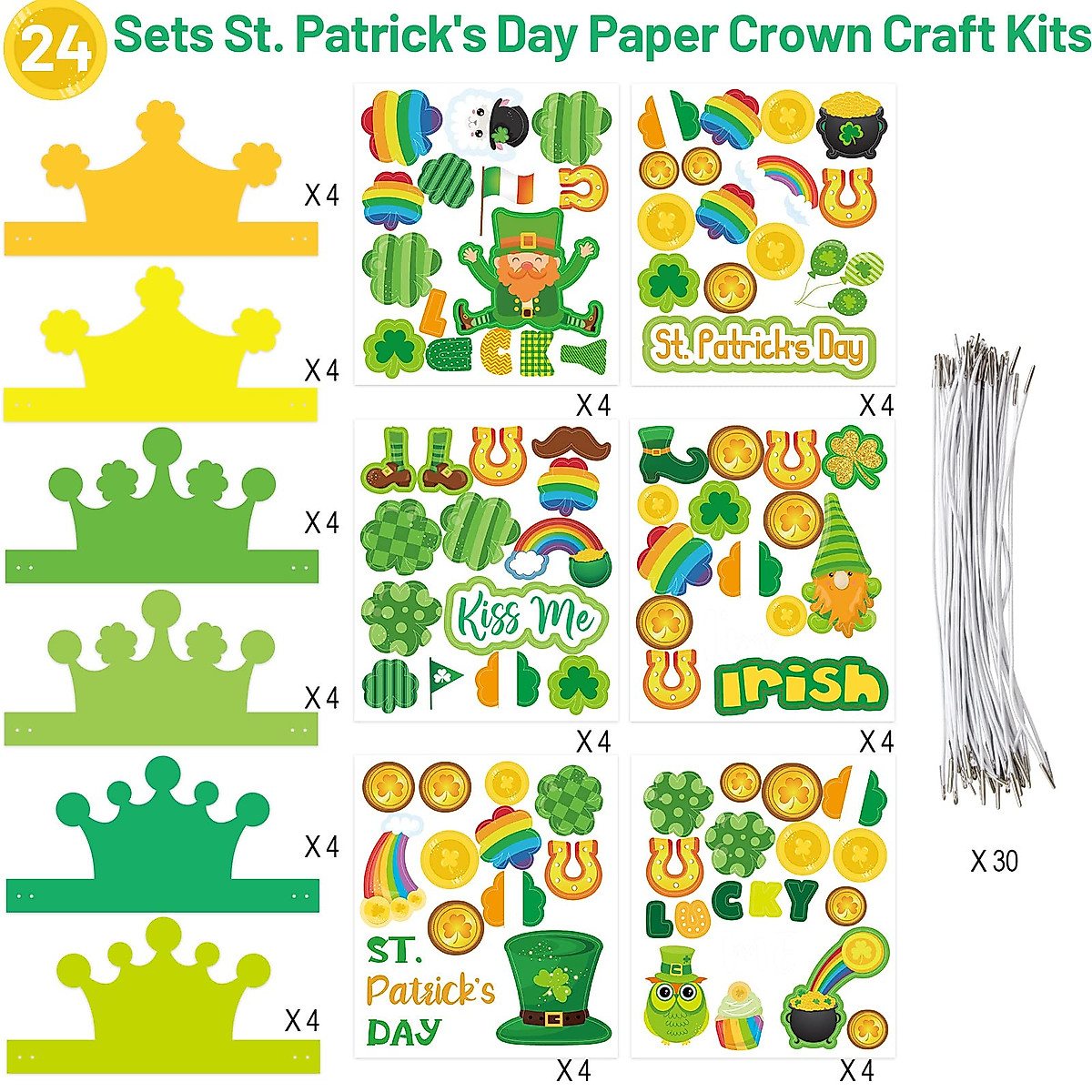 FANCY LAND Craft Kit, 24pcs St. Patrick’s Day Paper Crown & Stickers, Shamrock Party Favors, Kids DIY Irish Themed Hat, Adjustable & Durable