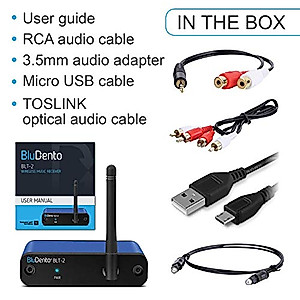 BluDento aptX HD Bluetooth 5.1 Audio Receiver, Built-in Burr Brown DAC for Analog L/R RCA Output, Enhanced Range, True Hi-Fi, Digital Coaxial & Optical Outputs
