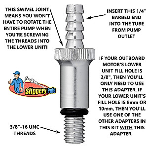 Slippery Pete - Lower Unit Gear Oil Pump for Standard Quart Bottles, Includes 3/8 inch Metal Swivel, 8mm and 10mm Adapters Fit Most Marine Boat Outboard Motors (NOT COMPATIBLE WITH VOLVO PENTA)
