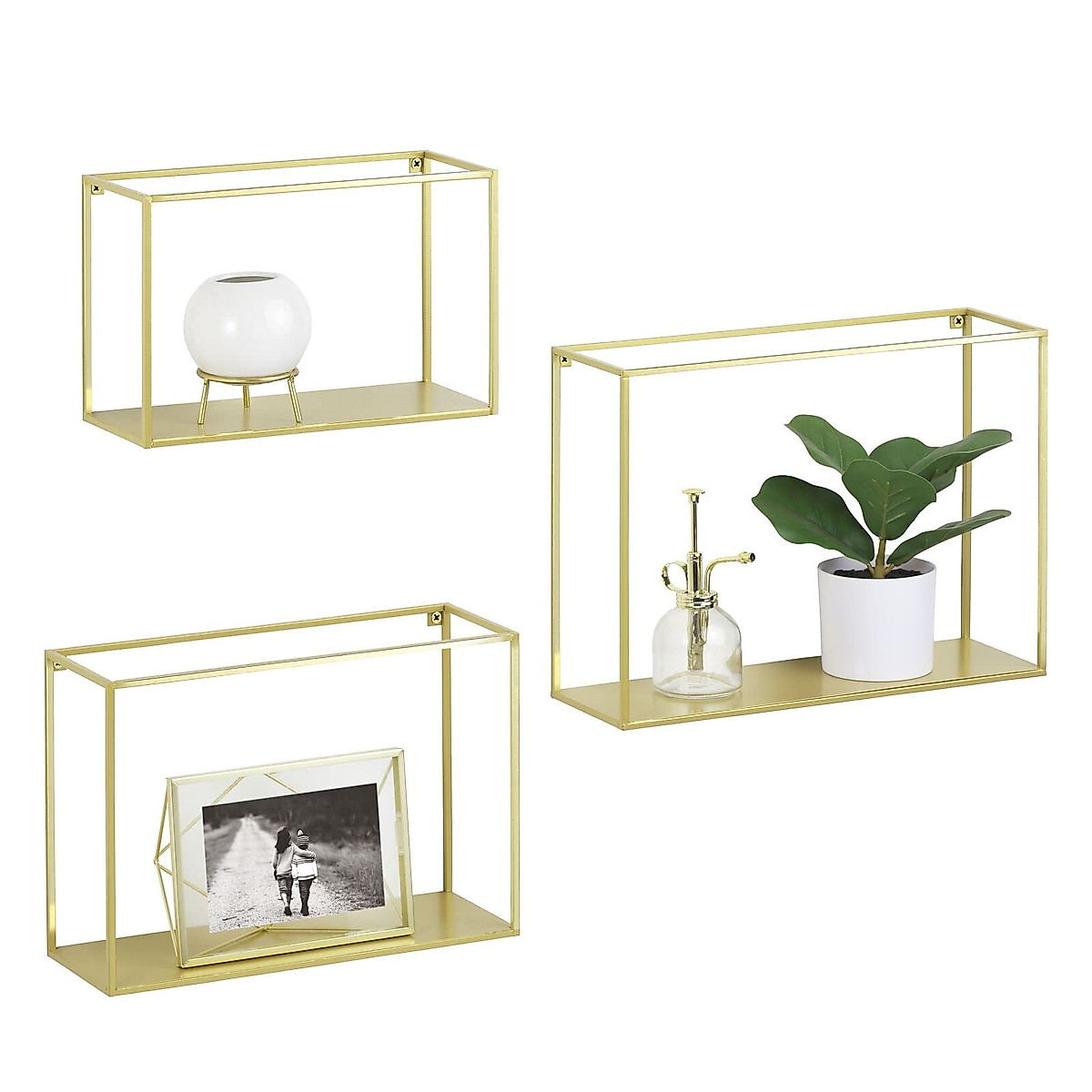 mDesign Floating Wall Mounted Frames, Decorative Steel Metal Geometric Rectangle Display for Photos, Plants, Nesting Cube Shadow Shelf Box for Living Room, Bedroom, Bathroom, Set of 3, Soft Brass
