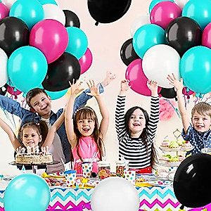 Paready Disco Music Party Balloons, 30 Pcs 12 Inch Hot Pink Black Blue and White Latex Balloons with Ribbons for 80s 90s Disco Music Party Hip Hop Theme Party Birthday DJ Short Video Party Decoration