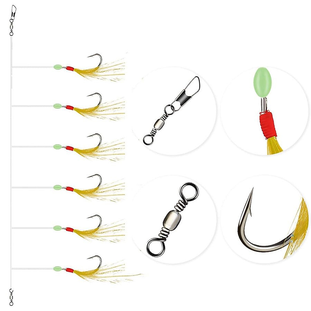 Fishing Rigs with Feathers Mackerel Feather Rigs 10Packs 60 Hooks Mackerel Feathers Sea Boat Beach Pier Lure Fishing Rigs 6 Hook Positions/Feather Rig 4 Colors Selection Pack (Yellow 15#,10Pack)