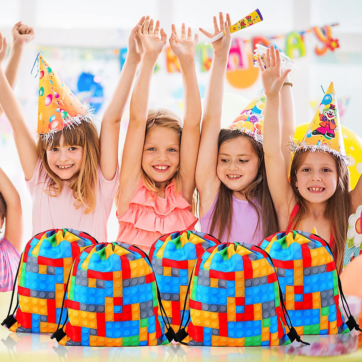 12PCS Building Blocks Drawstring Gift Bags,Building Blocks Drawstring Backpack Party Favor Bags,Kids Birthday Goodie Bags Candy Treat Gift Bags for Boys Girls Building Blocks Party Supplies,10x12 inch