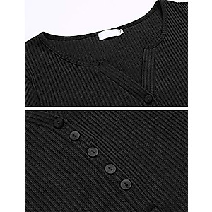 Tobrief Women's Henley Shirts Long Sleeve V Neck Ribbed Button Knit Sweater Solid Color Tops (M, Black)