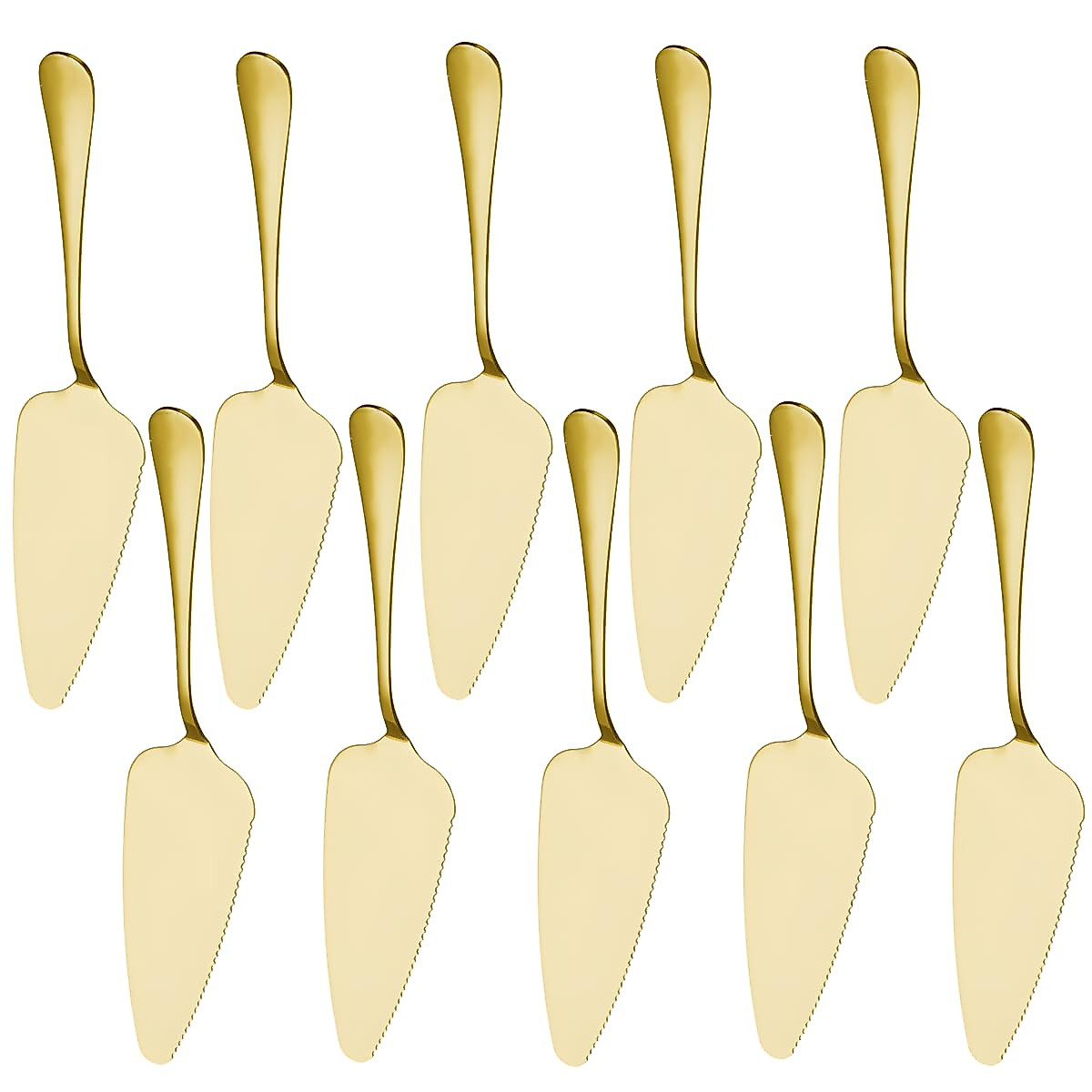 Ymeibe Stainless Steel Cake Server Pack of 10 Pie Holder Transfer Triangular Spade Spatula Serrated Edge for Pizza Cake Baking Safe in Dishwasher (Gold)