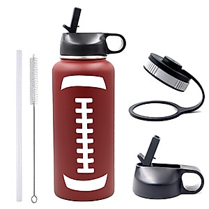 Football Water Bottle, Wide Mouth Metal Thermo Flask with 2 Lids, Stainless Steel Travel Tumbler Double Wall Vacuum Leak Proof Insulated Sports Water Bottles, Gifts for Mom Men Lovers (32oz, Football)