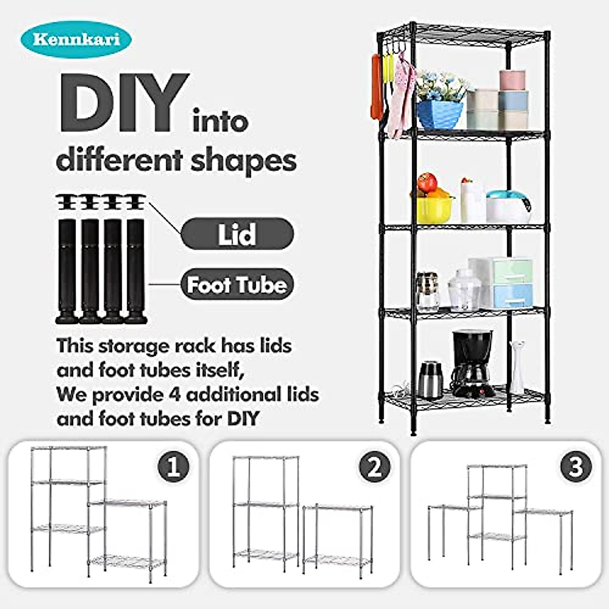 Kennkari 5 Tier Adjustable Metal Shelf Organizer Rack for Pantry/Laundry/Bathroom/Kitchen/Dorm, 3 Tier Small Interlocking Wire Storage Shelves, Free Standing Shelving Unit