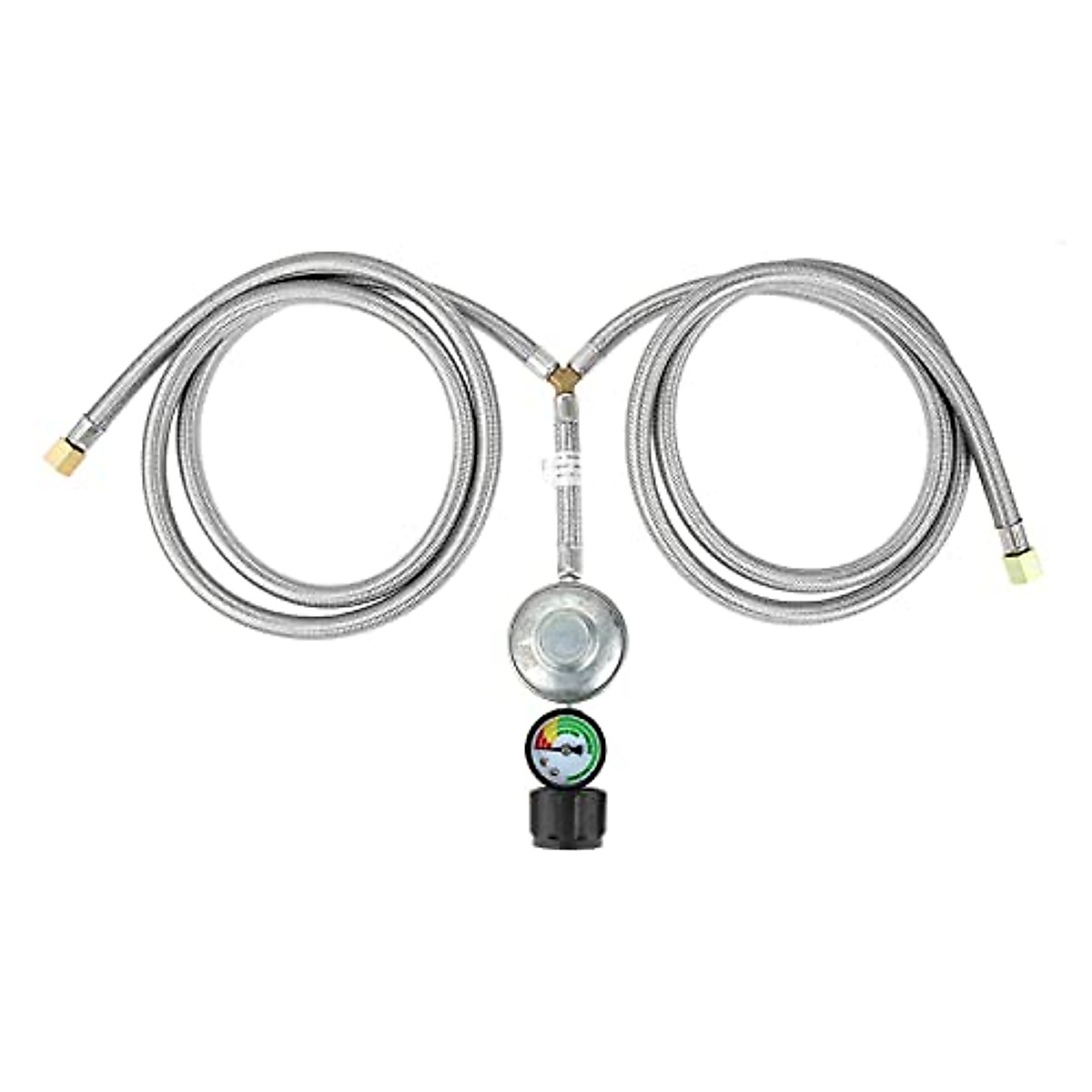 5 Feet Y-Splitter Stainless Braided Hose to 3/8" Female Flare Fitting, Low Pressure Propane Regulator Adapter with Tank Gauge Level Indicator, for LPG Gas Grill, Heaters, Fire Pit Table