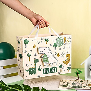 Loveinside Baby Gift Bag Dinosaur and Hedgehog Design with Tissue Paper and Greeting Card for Baby Shower, New Parents, and More - 13" x 5" x 10", 1 Pcs