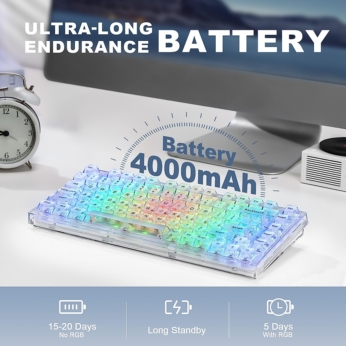 YUNZII X75 PRO 82 Key Wireless Hot Swappable Mechanical Gaming Keyboard with Transparent Keycaps,BT5.0/2.4G/USB-C, Gasket Mount Keyboard,for Windows/Mac (Kailh Jellyfish Switch, Wireless-White)
