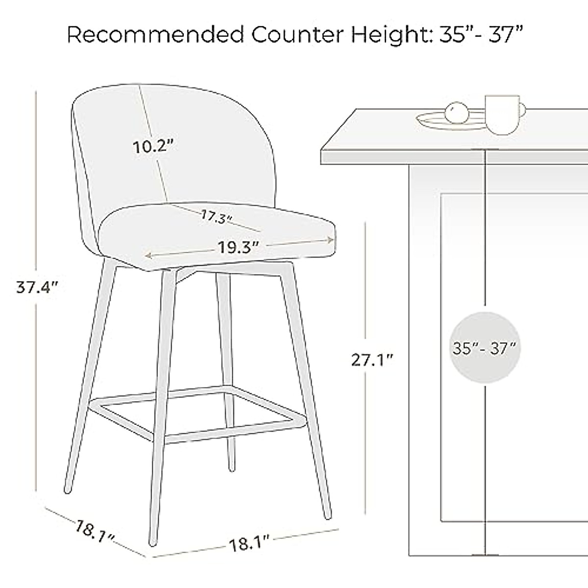Watson & Whitely Counter Height Bar Stools Set of 2, 360° Swivel Upholstered Barstools with Backs and Metal Legs, 26" H Seat Height, Fabric in White (Multi-Colored)