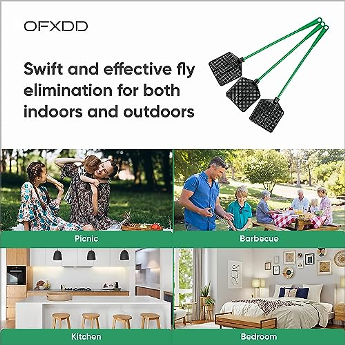 OFXDD Rubber Fly Swatter, Long Fly Swatter Pack, Fly Swatter Heavy Duty, Green Color (3 Pack)