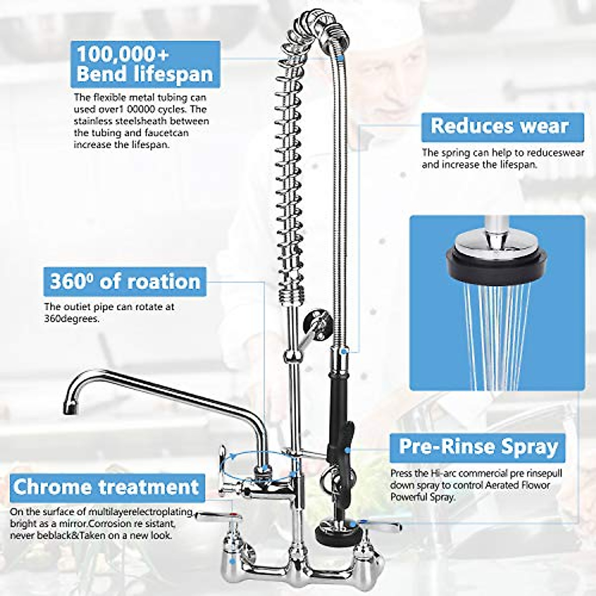 COOLWEST Commercial Sink Faucet 8 Inch Center Wall Mount Kitchen Faucet with Pull Down Pre-Rinse Sprayer and 12” Add-on Swivel Spout, 36” Height Perfect for 3 Bay Compartment Sink