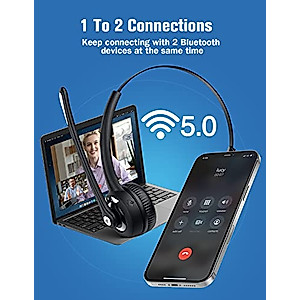 Calhuber Wireless Truck Driver Cell Phone Headset with Microphone, cVc6.0 Noise Cancelling for Clear Call, Bluetooth 5.0, Up Black