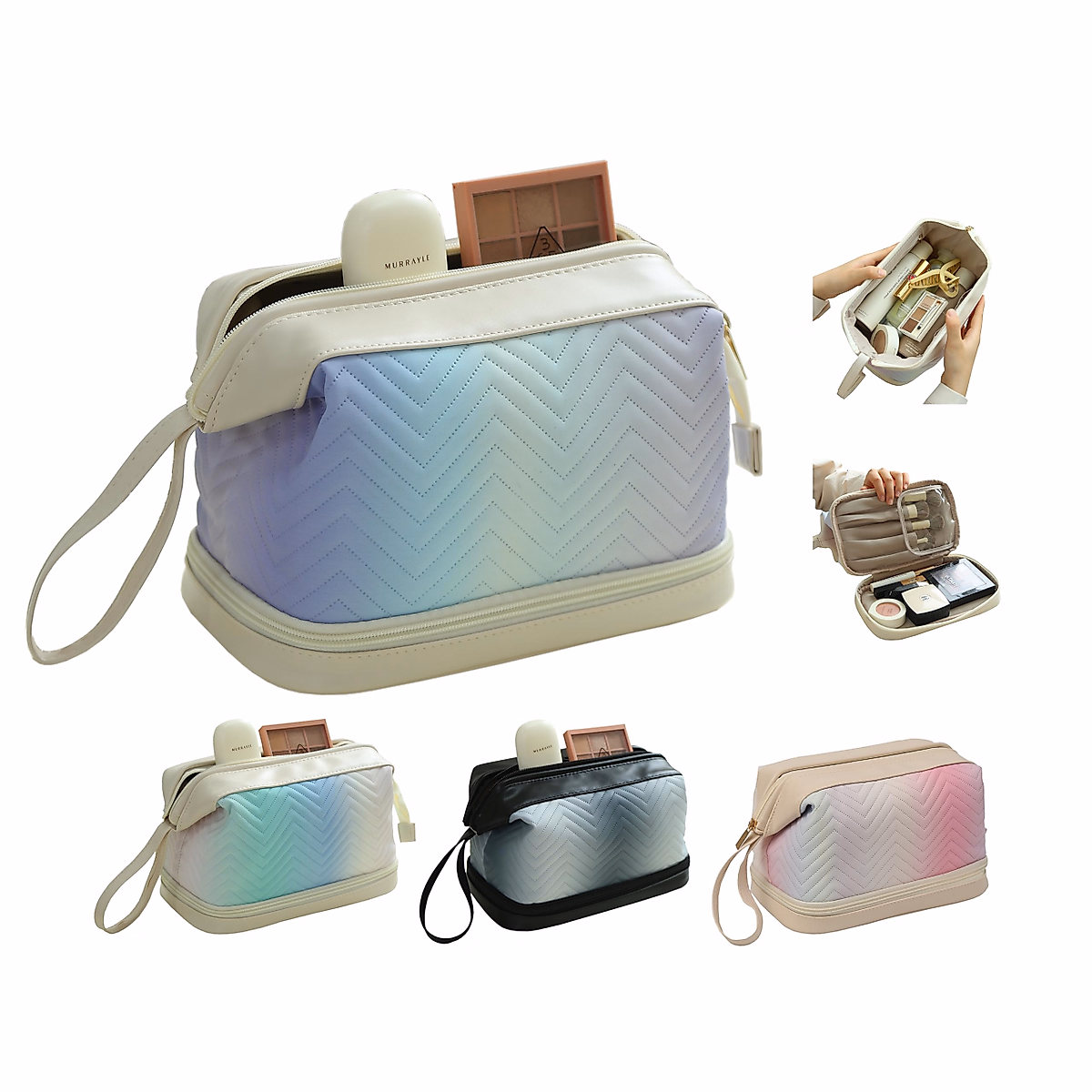 BELLELE Double Layer Cosmetic Bag, Large Makeup Bag, Bag for Women and Girls, Teen Makeup Bag, Gradient Makeup Bag, Cosmetic School Bag, Portable Leather Toiletry Bag-Purple