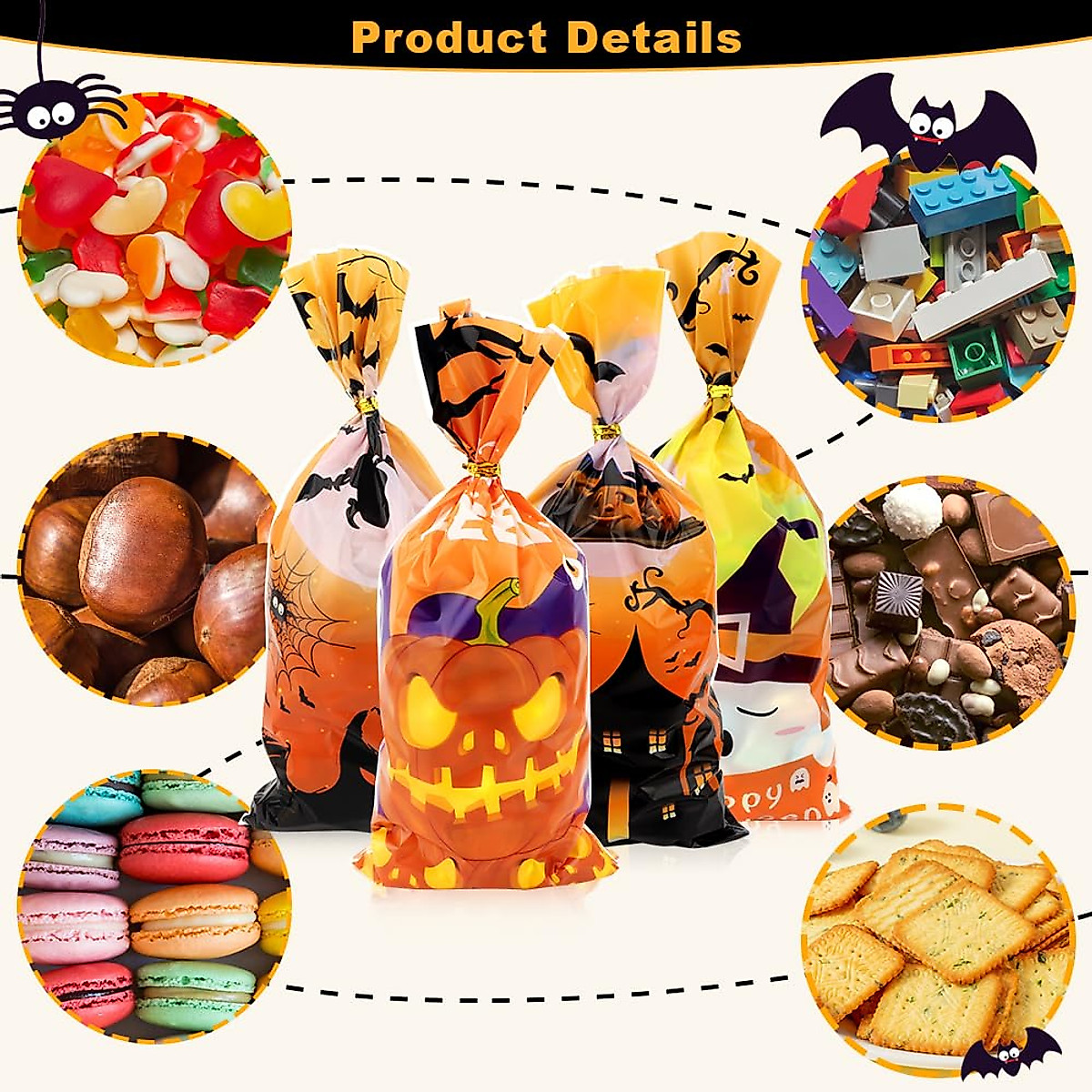 Halloween Treat Bags, Halloween Candy Bags, 100 Pcs Halloween Cellophane Bags Goodie Bags Gift Bags Trick or Treat Bags Goody Bags Bulk with Twist Ties for Holiday halloween Party Favors Supplies