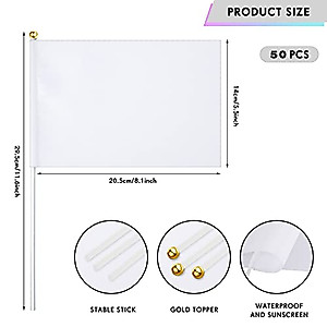 50 Pcs White Small Mini Flags Bulk Sublimation Blank Flags Solid Plain White Flag Hand Held DIY Miniature Flags on Stick for Garden Car Parades Grand Opening Birthday Wedding Party Events Celebration