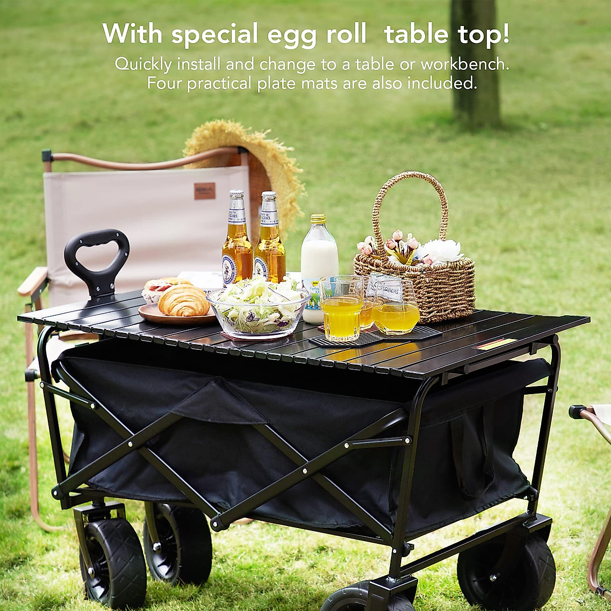 Towallmark Collapsible Folding Outdoor Camping Wagon, Park Utility Wagon Picnic Camping Cart with 8" All Terrain Wheels, Iron Folding Table top, 4 Plate mats