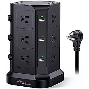 Power Strip Tower by KOOSLA, [15A 1500J] Surge Protector - 12 AC Multiple Outlets & 6 USB Ports, Flat Plug 14 AWG Heavy-Duty Extension Cord 6.5ft, Home Office Supplies, Dorm Room Essentials Black