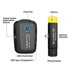 Saramonic Microphones Blink 500 B4 (TX+TX+RXDi), Dual-Channel Wireless Lavalier Microphone System for iPhone iOS Devices- Great for Vlogging, Filming, Recording, Live Stream