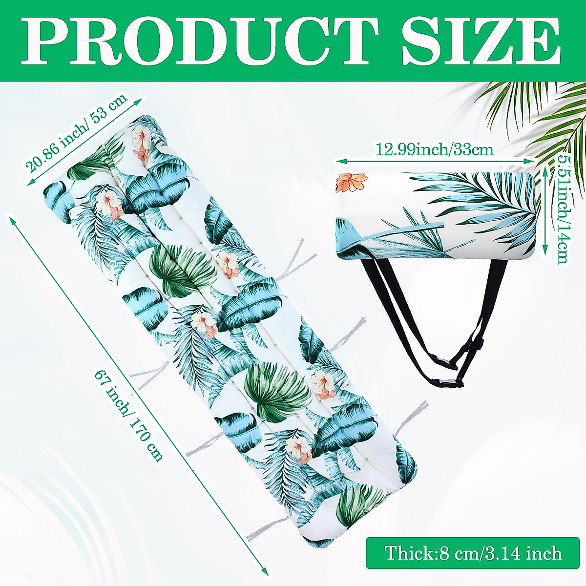 Wesiti Outdoor Lounge Cushion Lounger Chair Cushion Patio Chaise Replacement 67 x 21 Inch Rocking Cushion for Furniture Sofa Non Slip Floral Thick High Back Chair Pads with Headrest 8 Ties