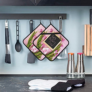 Potholders 2 Pieces Set, Happy Mother's Day Pink Tulips Gift Hot Pads with Anti-Scald Cotton Infill Material