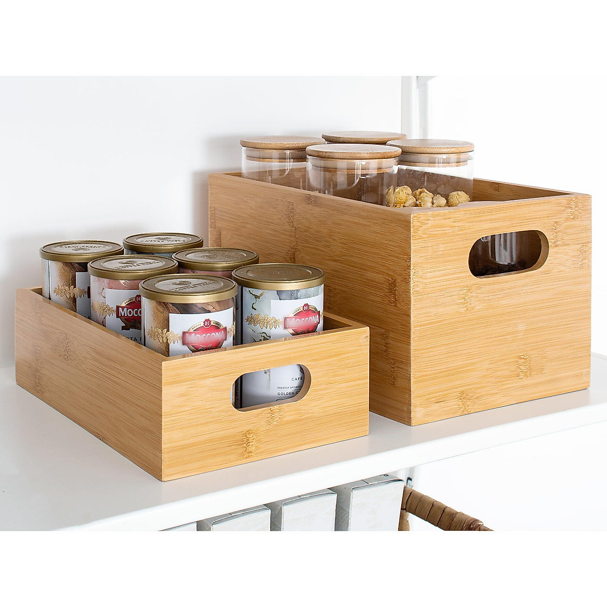 StorageWorks Bamboo Organizers for Shelf, Handcrafted Bamboo Storage Containers for Snacks, Spices, or Drinks, Wooden Crates with Built-in Handles, 2 Pack