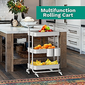 3 Tier Rolling Cart, with Table Top, Rolling Storage Cart with Handles and Locking Wheels, Utility Cart with 2 Small Baskets and 4 Hooks for Bathroom. Office, Balcony, Living Room (Grey)