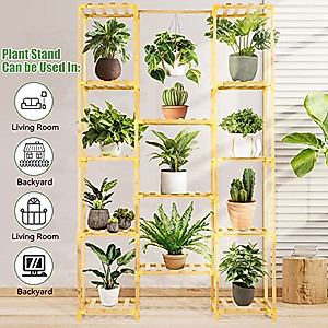 Plant Stand Indoor Outdoor,Yuego 13 Tier Bamboo Plant Stand 56in Tall Plant Stand Adjustable Shape Plant Stands Indoor With One Top Hanging Rod Multiple Usage 100% Bamboo Shelf For Patio Garden Corner Balcony Living Room