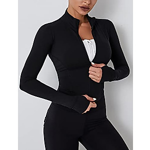 Fenclushy Womens Cropped Slim Athletic Yoga Workout Track Sports Zip Up Jacket with Thumb Holes(Black,M)